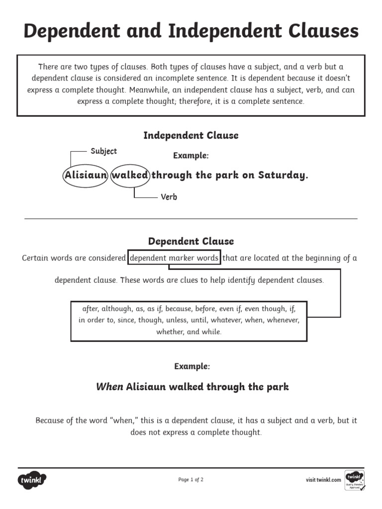 BW Dependent and Independent Clauses Practice Activity For 6th To 8th ...