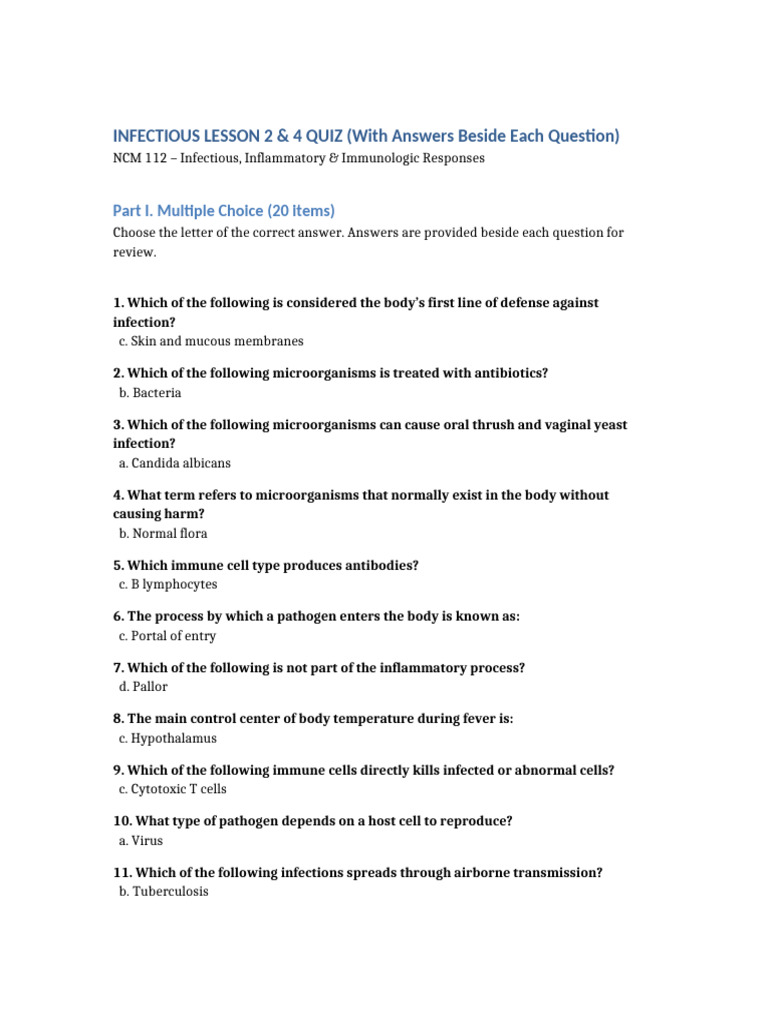 Infectious Disease Quiz with Answers | PDF | Infection | Immune System
