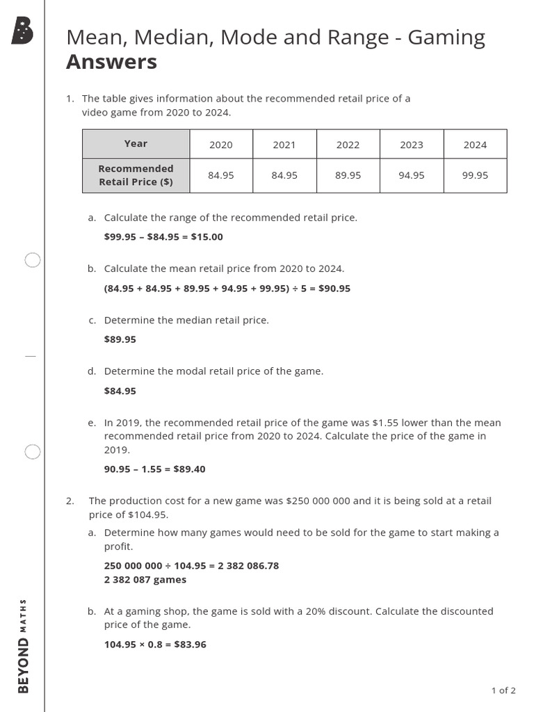 Mean, Median, Mode and Range - Gaming Activity (Answers) | PDF | List ...