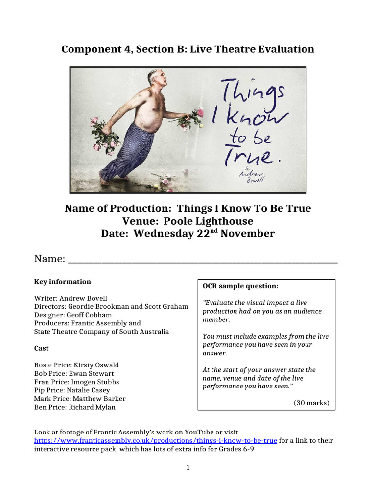 Live Theatre Review: Things I Know To Be True | PDF | Body Language