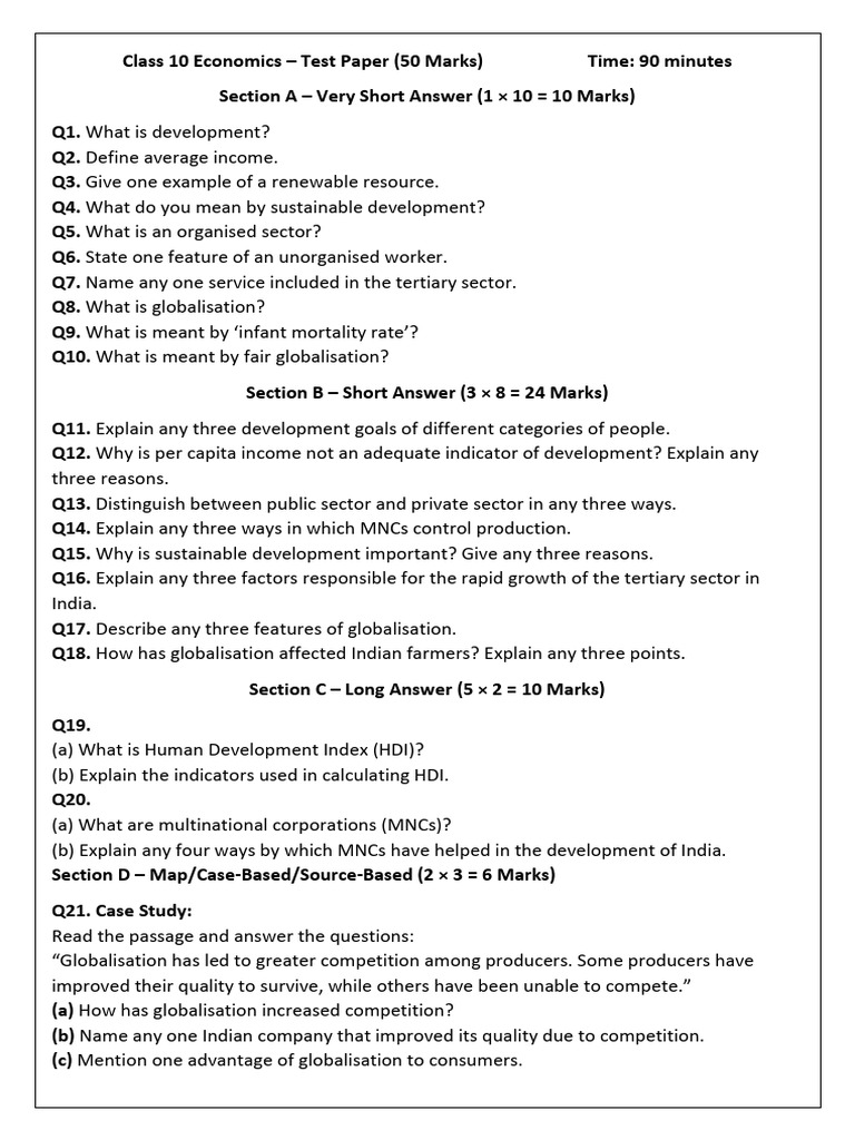 Class 10 Economics Test | PDF