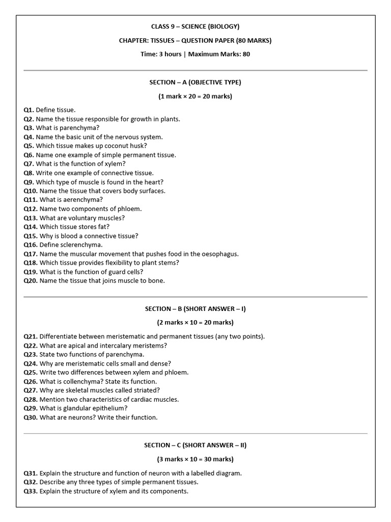 Class 9 Biology Tissues Question Paper | PDF | Tissue (Biology) | Anatomy