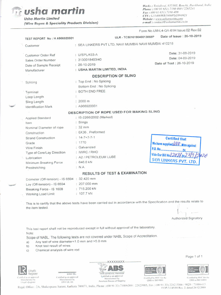 STBD Side Wire Certificate | PDF