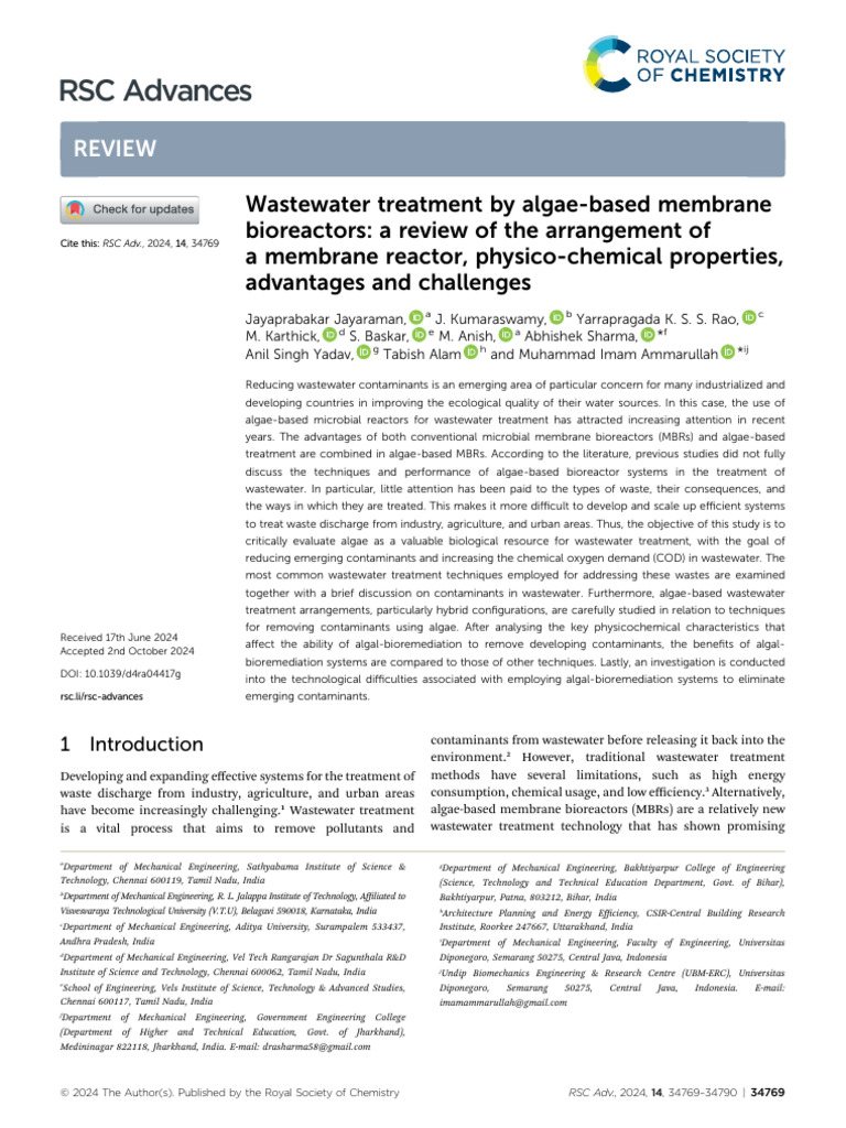 Wastewater Treatment by Algae-based Membrane Biore | PDF | Membrane ...