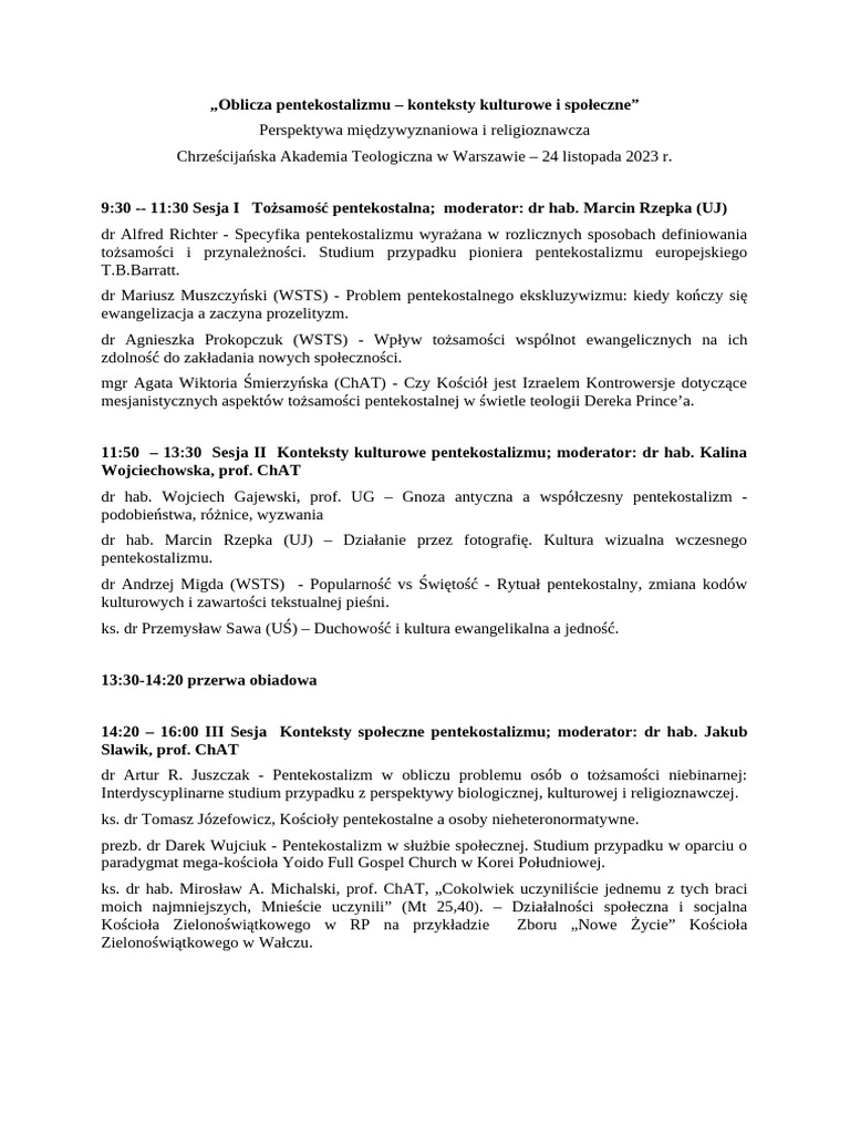 Oblicza Pentekostalizmu - Program | PDF