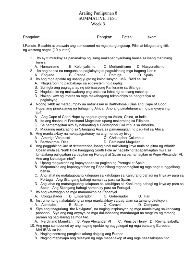 AP8 Q3 SummativeTest Week 2 3 | PDF