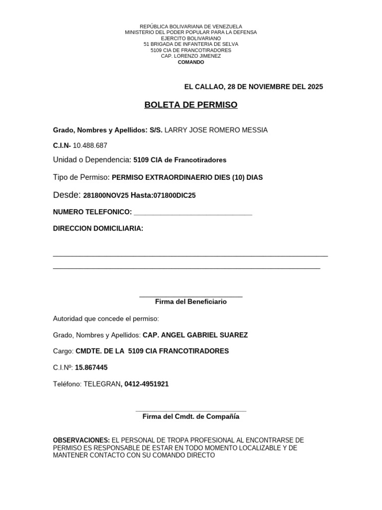 Boletas de Permiso Ejército Venezolano | PDF | Militar | Venezuela