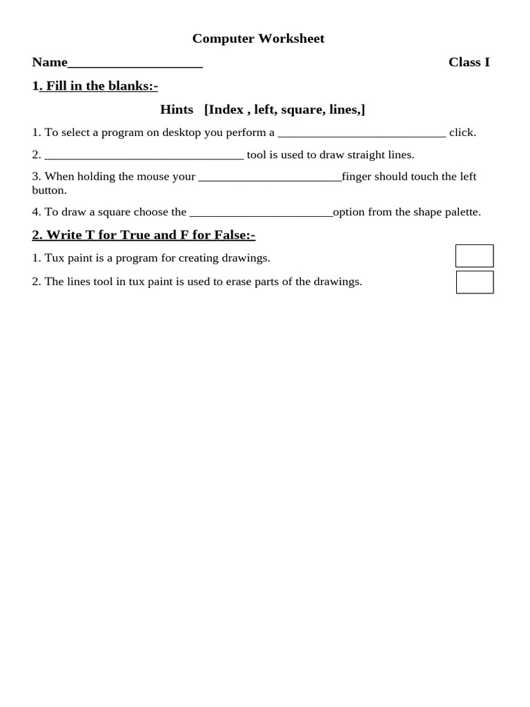 Computer Worksheet for Class I | PDF