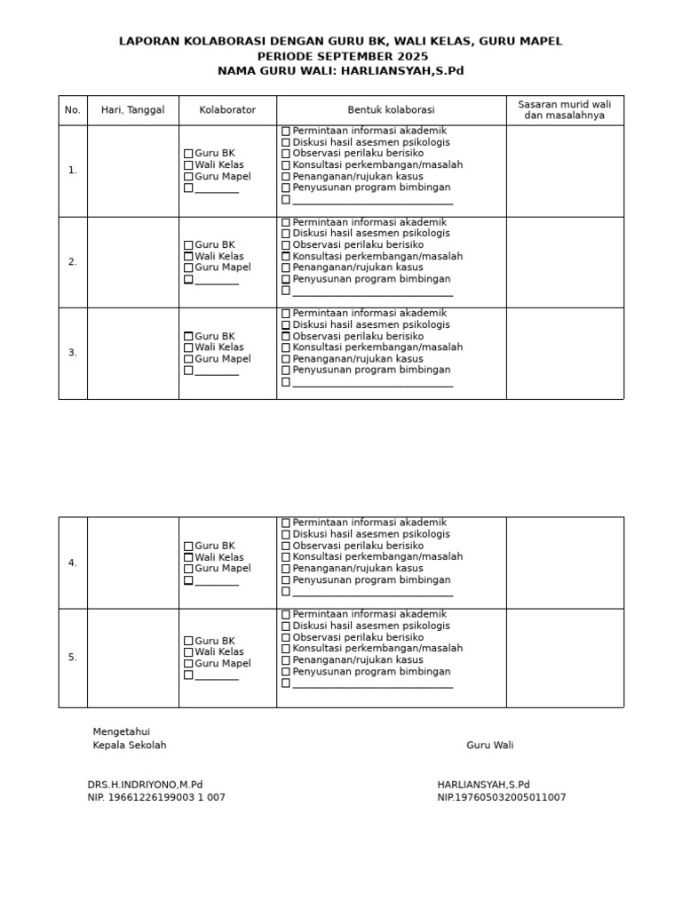 5. Laporan Kolaborasi Dengan Guru BK, Wali Kelas Dan Guru Mapel | PDF
