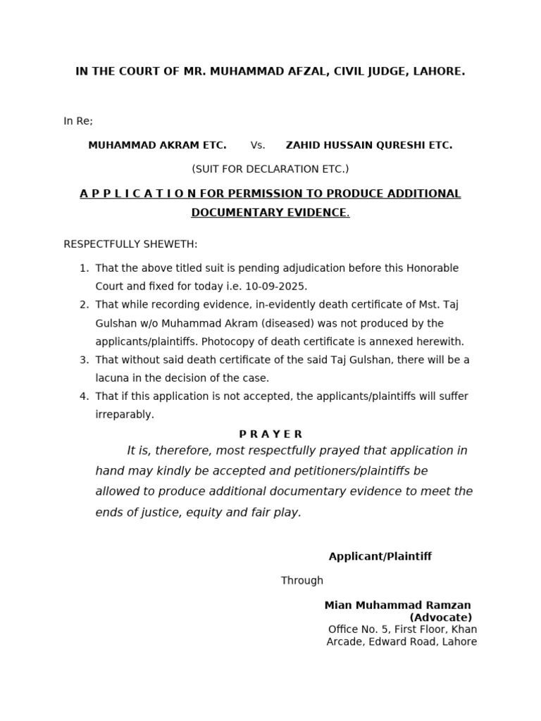 Application For Producing Additional Documentary Evidence Muhammad ...