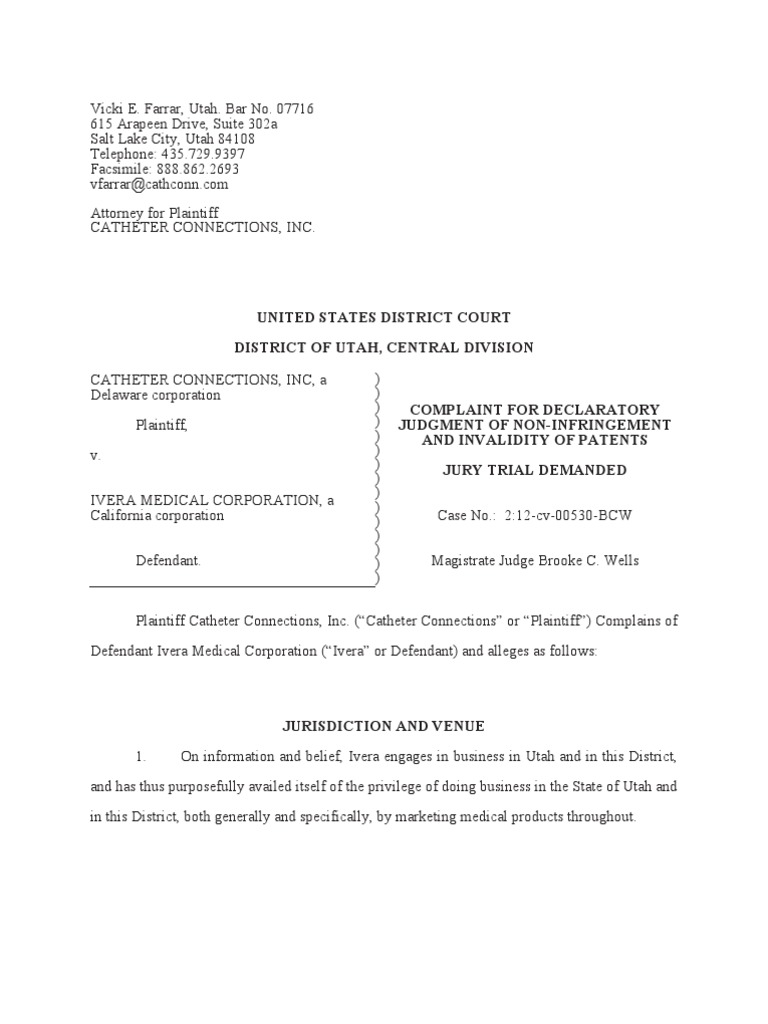 Catheter Connections v. Ivera Medical | Download Free PDF | Declaratory ...