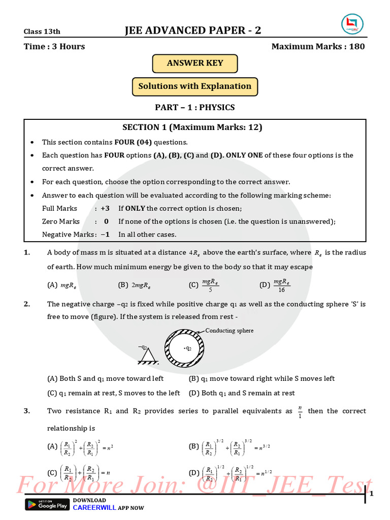 JEE Advanced Test 3 Paper 2 Solution | PDF | Friction | Mass