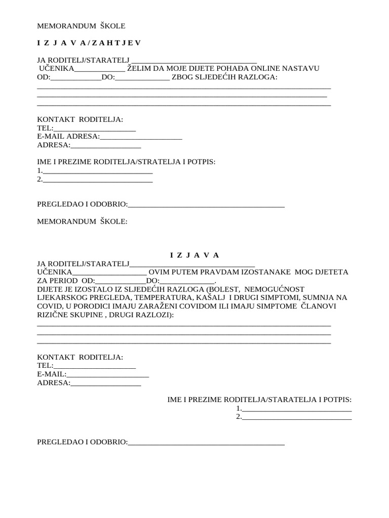 Izjava Zahtjev | PDF
