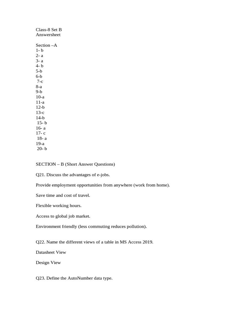 Class 8 IT Set-B Answersheet | PDF | Relational Database | Databases