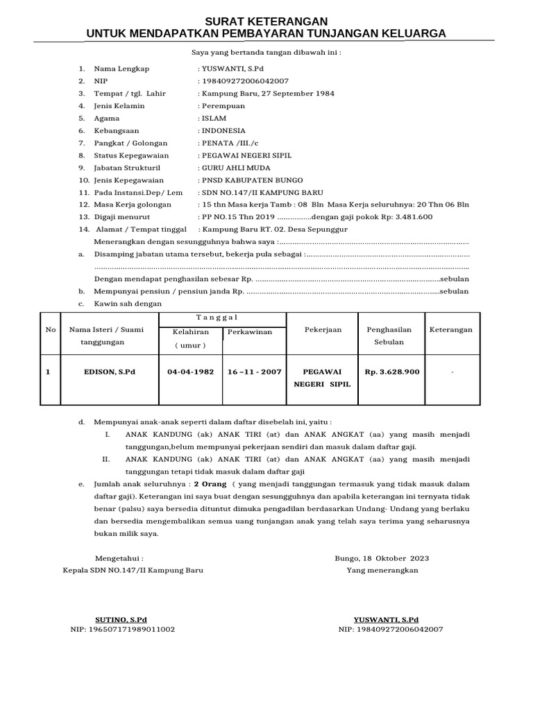 Surat Keterangan Tunjangan Keluarga PNS | PDF