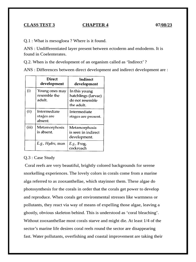 Class Test 3 Chapter 4 7aug Solution | PDF | Coral | Coral Reef
