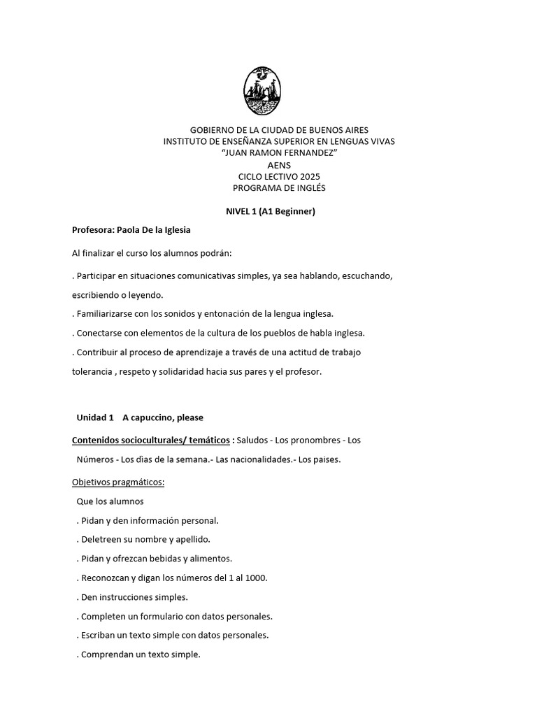 Programa de Inglés A1 - Ciclo 2025 | PDF | Gramática | Sintaxis
