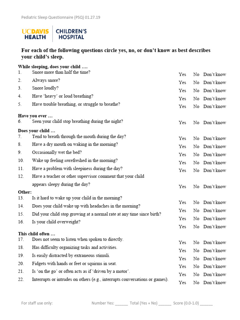 Pediatric Sleep Questionnaire Guide | PDF | Snoring | Chess Openings
