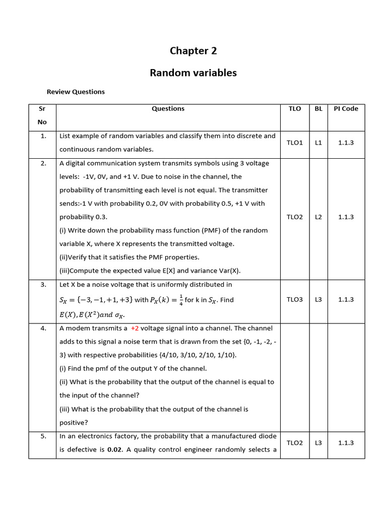 updated_Chapter 2 Random Variables Review Questions-updated | PDF ...
