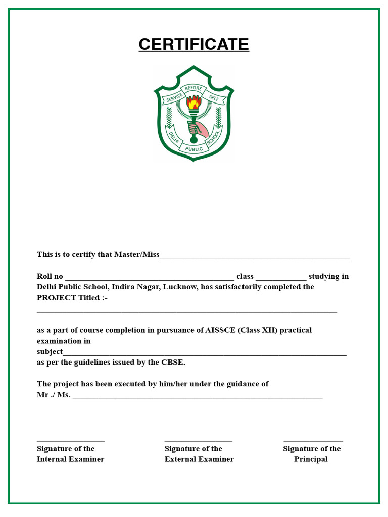 Class XII Project Completion Certificate | PDF