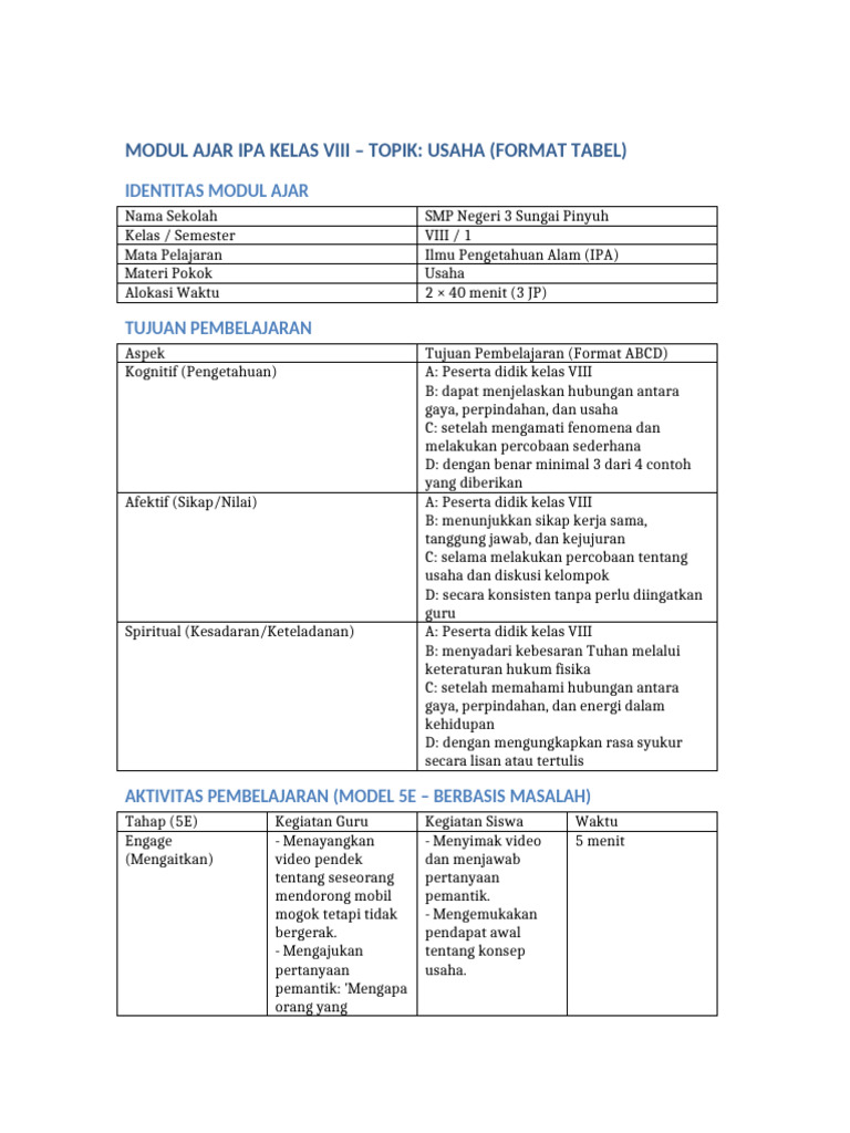 Modul Ajar IPA Kelas VIII: Usaha | PDF