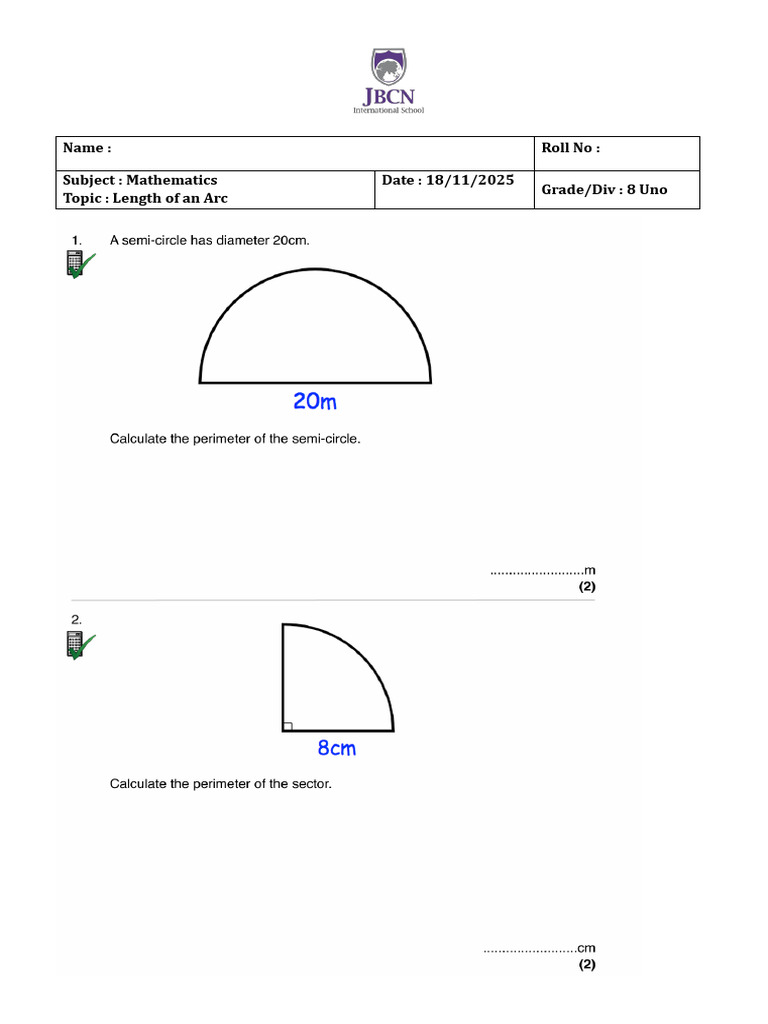 Length of an Arc - Grade 8 Math | PDF