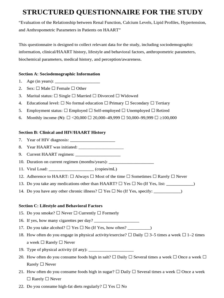Structured Questionnaire For The Study | PDF | Hypertension | Blood ...