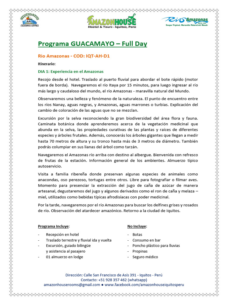 ESPAÑOL - Guacamayo 1 día - Full Day | PDF | río Amazonas | Arboles