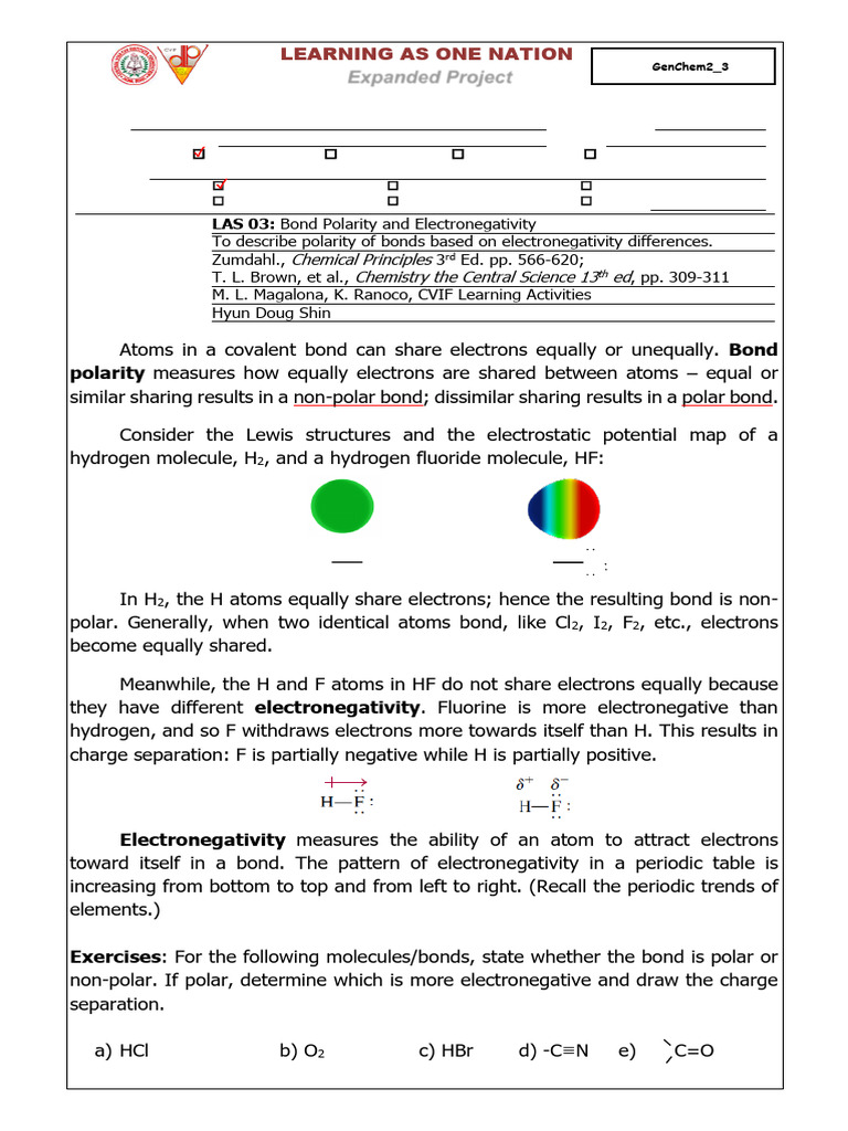 Bond Polarity & Electronegativity Guide | PDF | Chemical Polarity ...