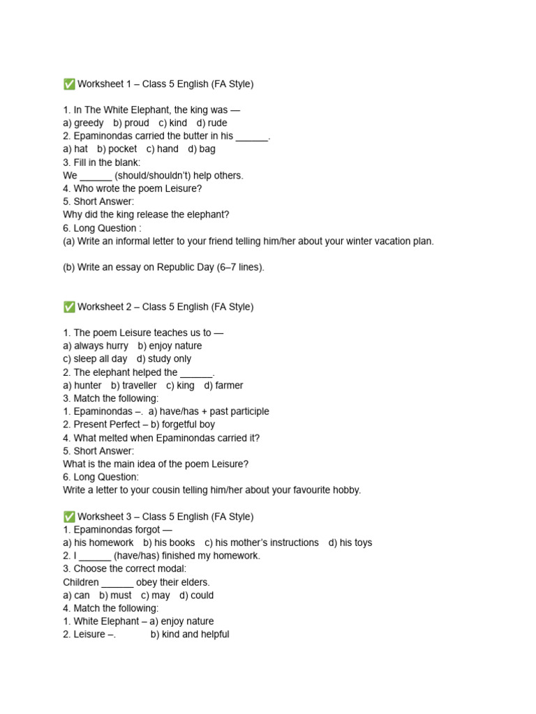 Worksheet 1 - Class 5 English (FA Style) | PDF