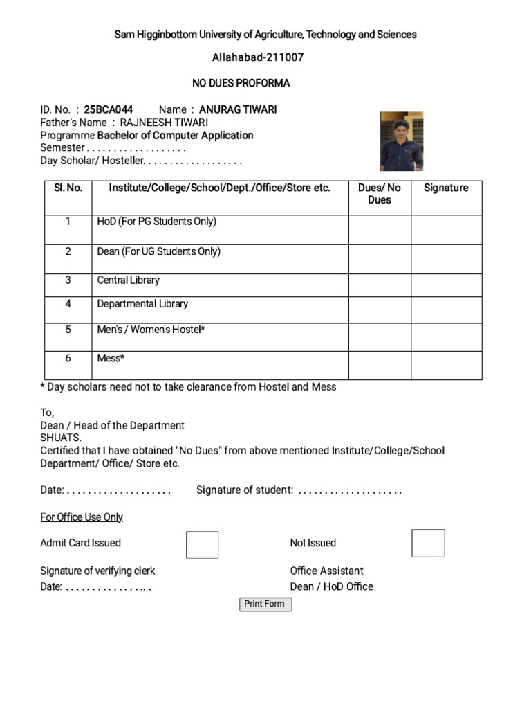 SHUATS - Students No Dues Form | PDF