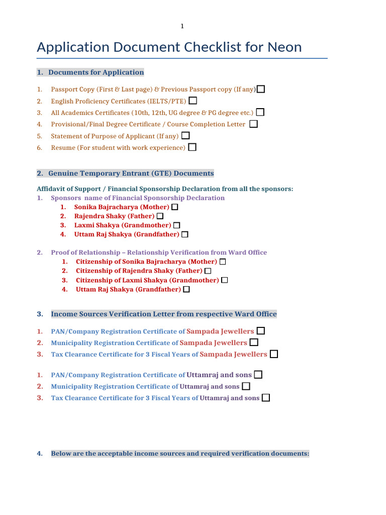 Application - Document - Checklist For Neon Final Wihout No Needed Documents06.11.2025 | PDF