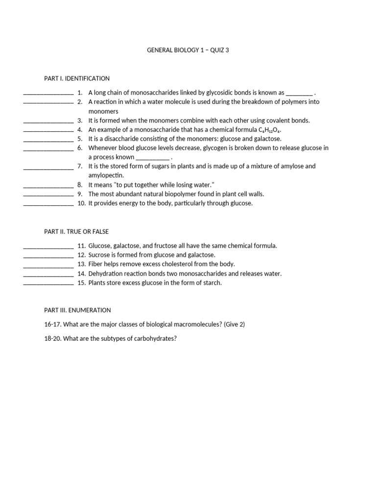 General Biology 1 Quiz on Carbohydrates | PDF