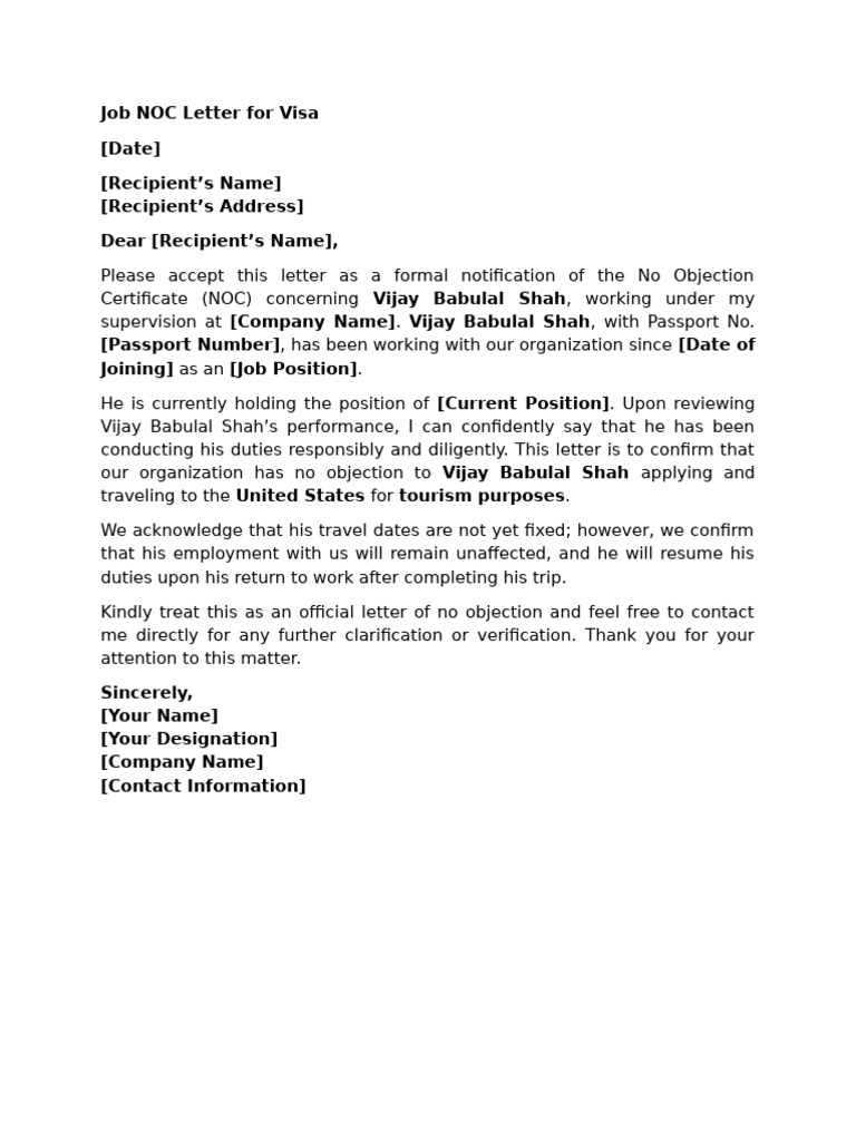 NOC Letter for Visa Application | PDF
