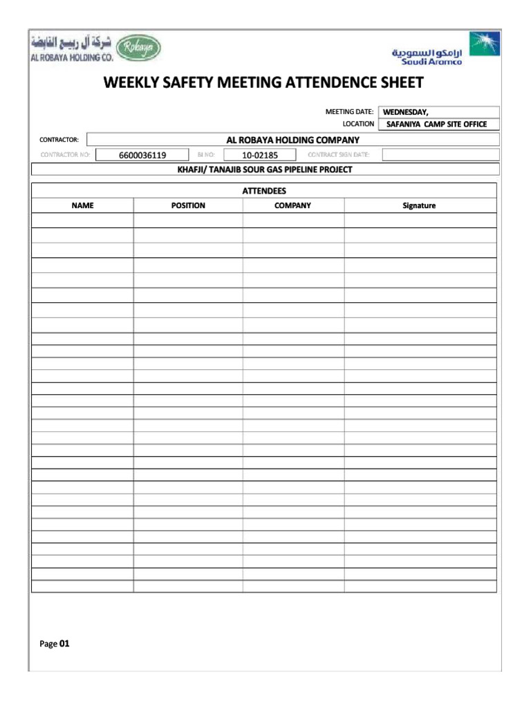 Weekly Safety Meeting Attendance Sheet | PDF