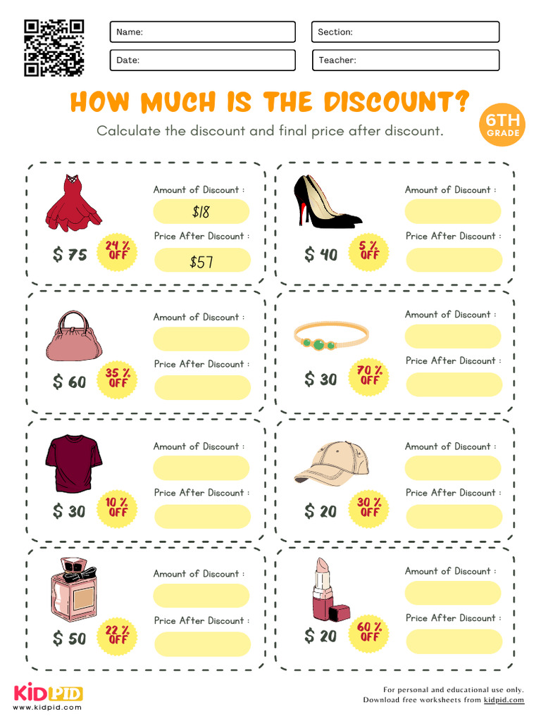 6th Grade Discount Calculation Worksheets | PDF
