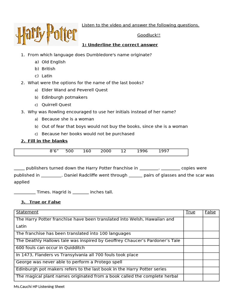 Harry Potter Students Listening Sheet | PDF