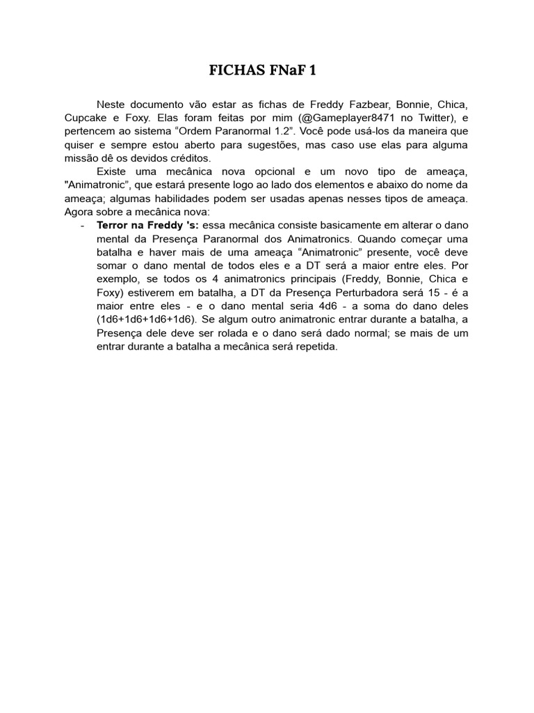 Fichas de Personagens FNaF 1 | PDF