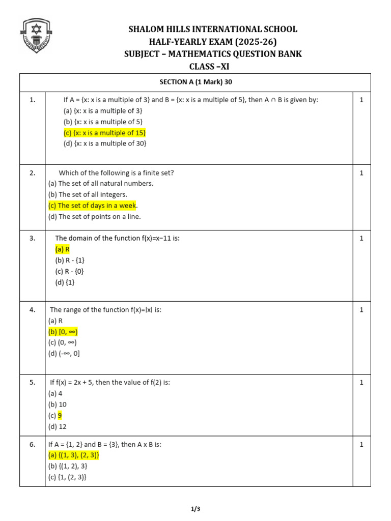 Maths HY Question Bank Answer Key | PDF | Function (Mathematics ...