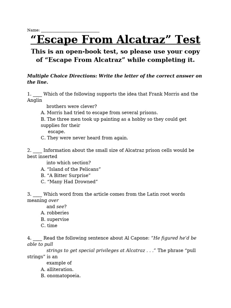 Alcatraz Escape Test Questions | PDF