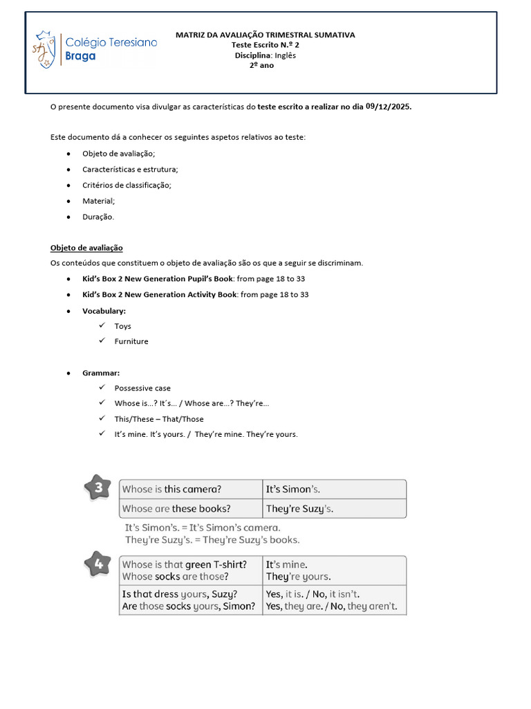 Matriz 2ºteste de Inglês | PDF