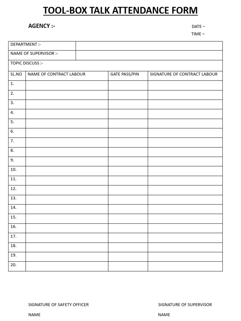 Toolbox Talk Attendance Form | PDF