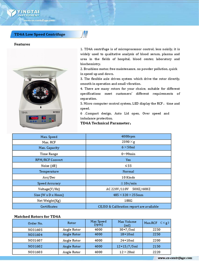 Brochure of TD4A Centrifuge | PDF | Mains Electricity | Centrifuge