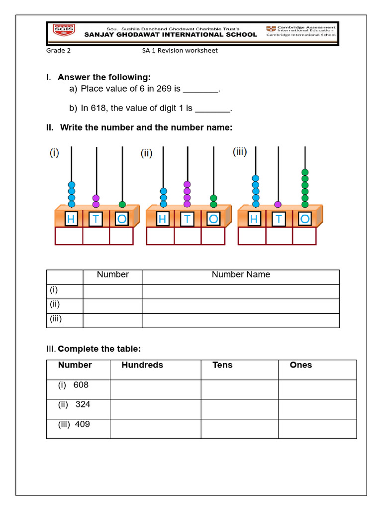 SA 1 Revision Worksheet Grade 2 | PDF