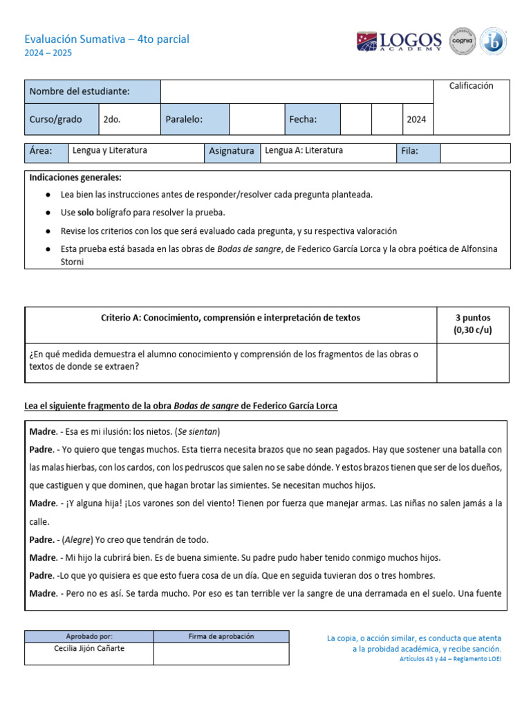 2DO año IV parcial - Evaluación sumativa | PDF | Federico García Lorca | Poesía