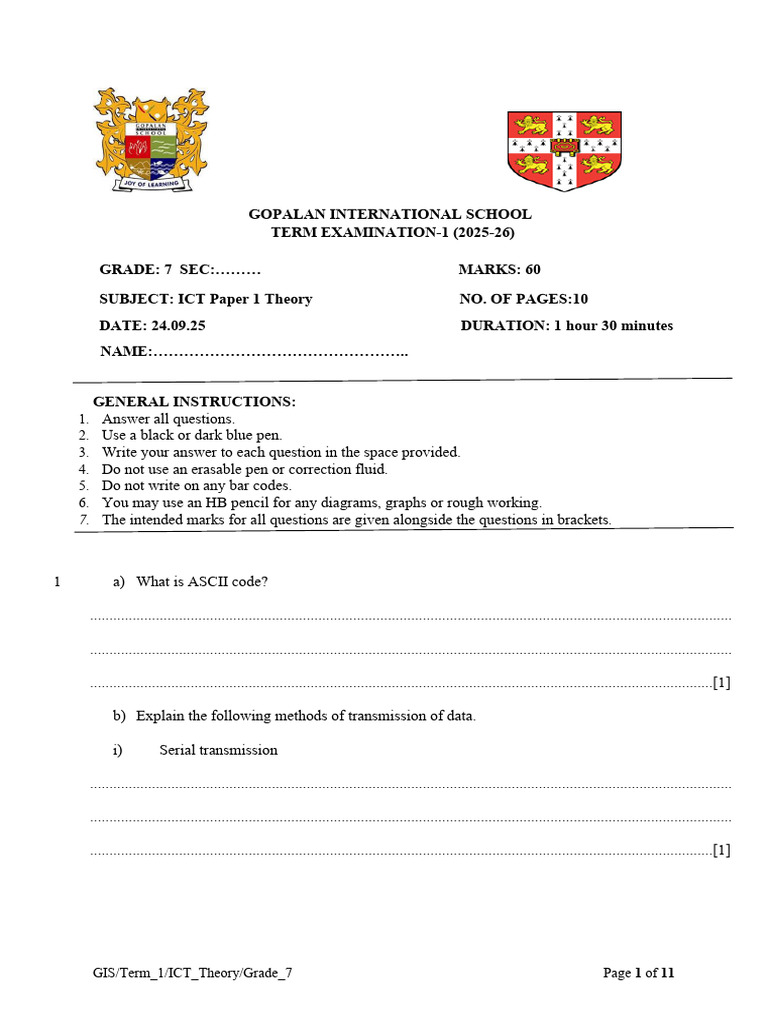 Grade 7 QP Term 1 ICT TH | PDF | Data Compression | Computer Data Storage