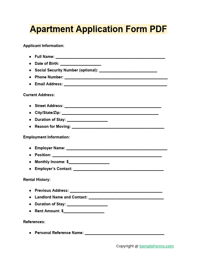 Apartment Application Form PDF | PDF