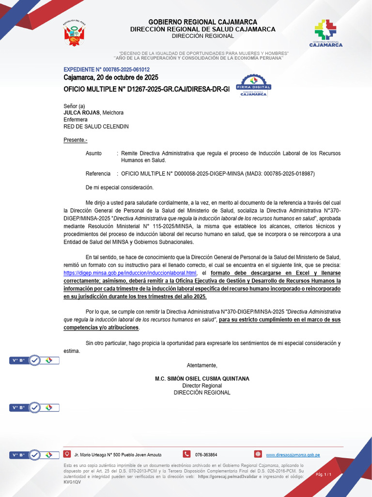 OFICIO MULTIPLE N° D1267-2025-GR.CAJ-DIRESA-DR-GI | PDF