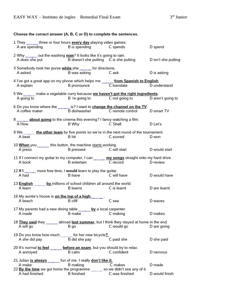 Remedial English Exam for 3rd Juniors | PDF