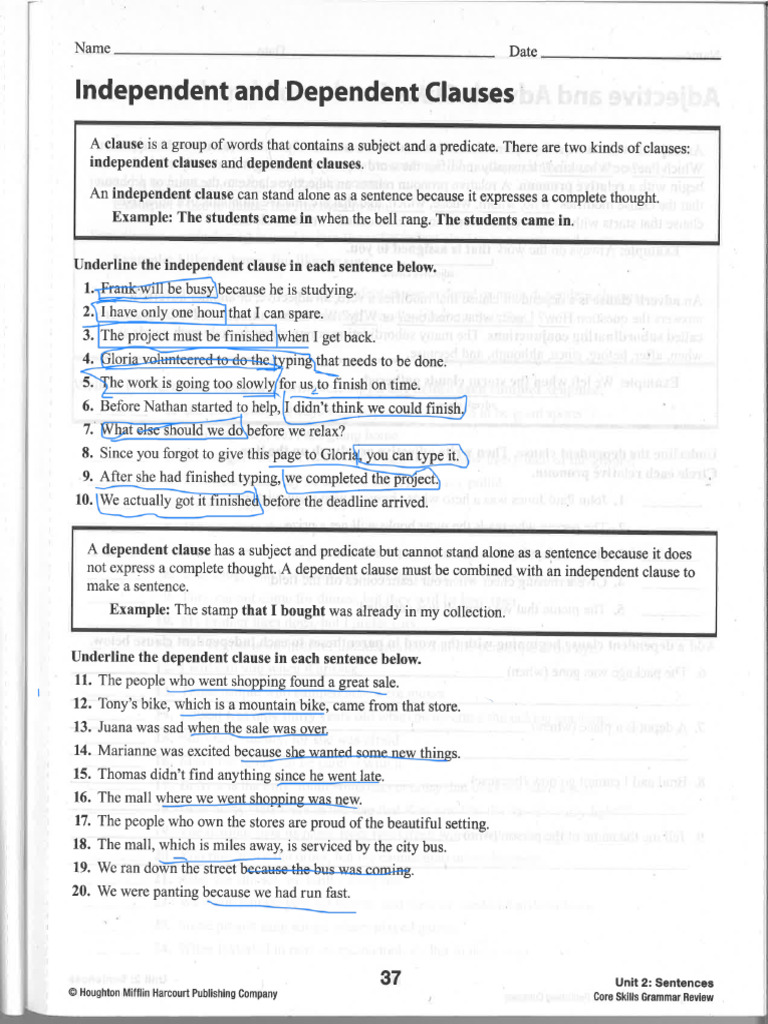 Independent - Dependent Clauses Worksheet | PDF